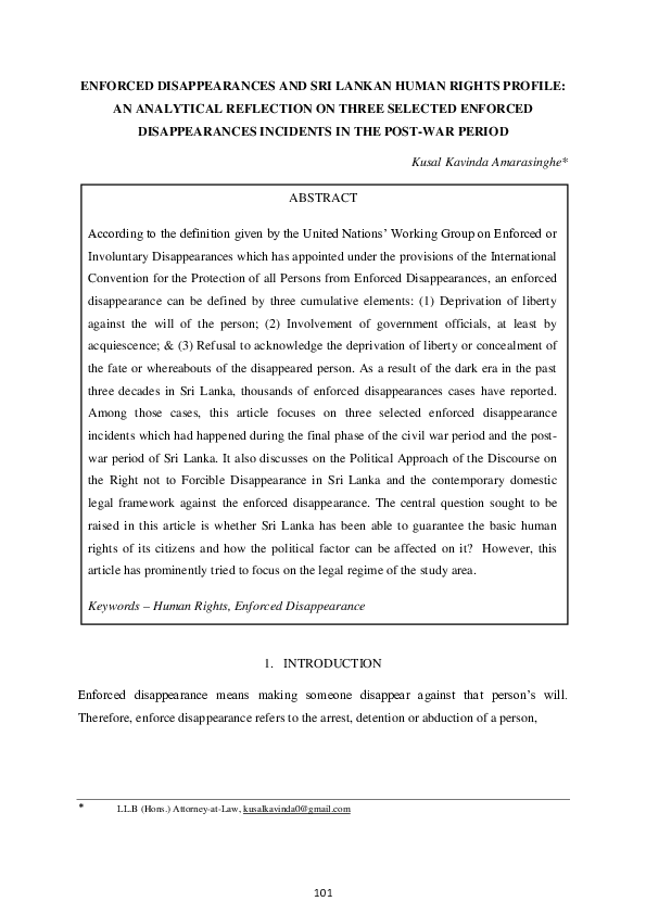 (PDF) Enforced Disappearances and Sri Lankan Human Rights Profile: An ...