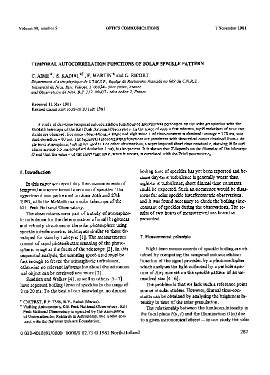 Pdf Temporal Autocorrelation Functions Of Solar Speckle Pattern