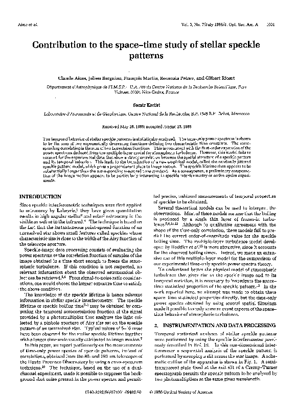(PDF) Contribution to the space-time study of stellar speckle patterns