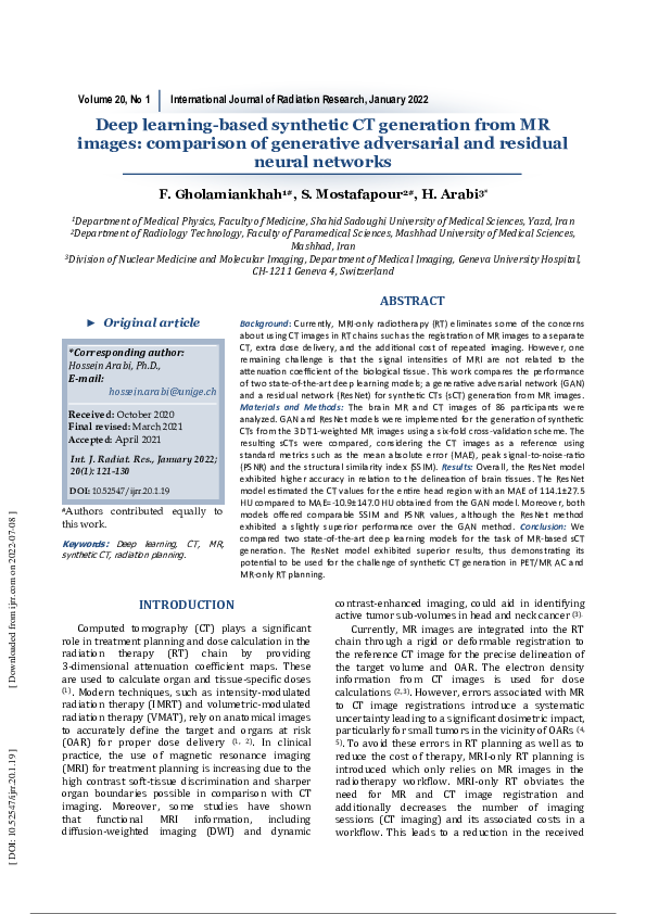 (PDF) Deep learning-based synthetic CT generation from MR images: comparison of generative ...