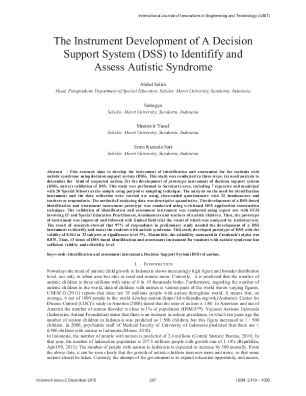 Pdf The Instrument Development Of A Decision Support System Dss To Identifify And Assess