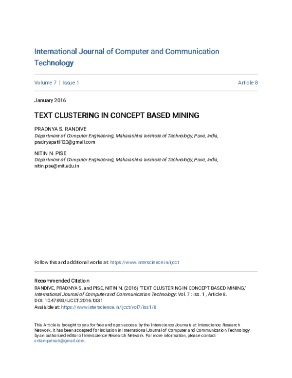 Pdf Text Clustering In Concept Based Mining