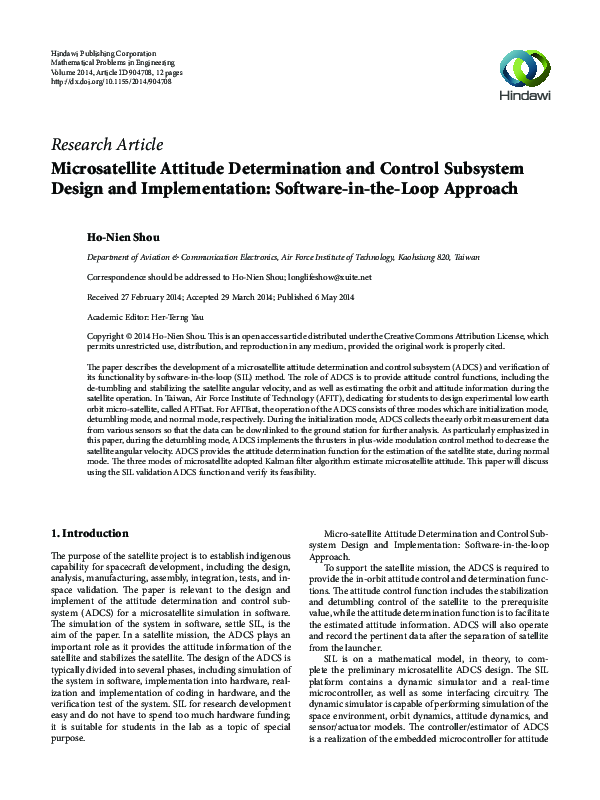Pdf Microsatellite Attitude Determination And Control Subsystem Design And Implementation