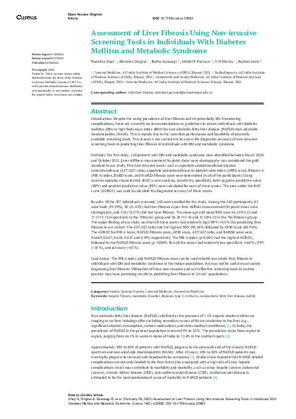 (PDF) Assessment of Liver Fibrosis Using Non-invasive Screening Tools in Individuals With ...