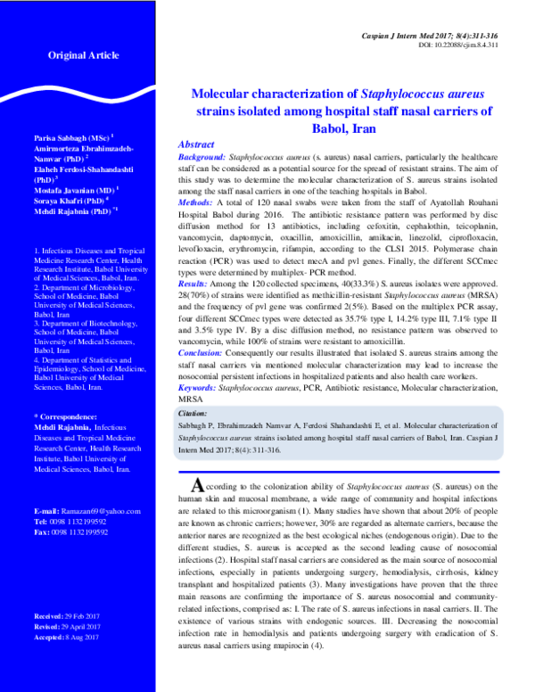 Pdf Molecular Characterization Of Staphylococcus Aureus Strains Isolated Among Hospital Staff