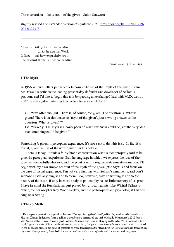 (PDF) Strawson 2022 The mechanism the secret of the given [revised]