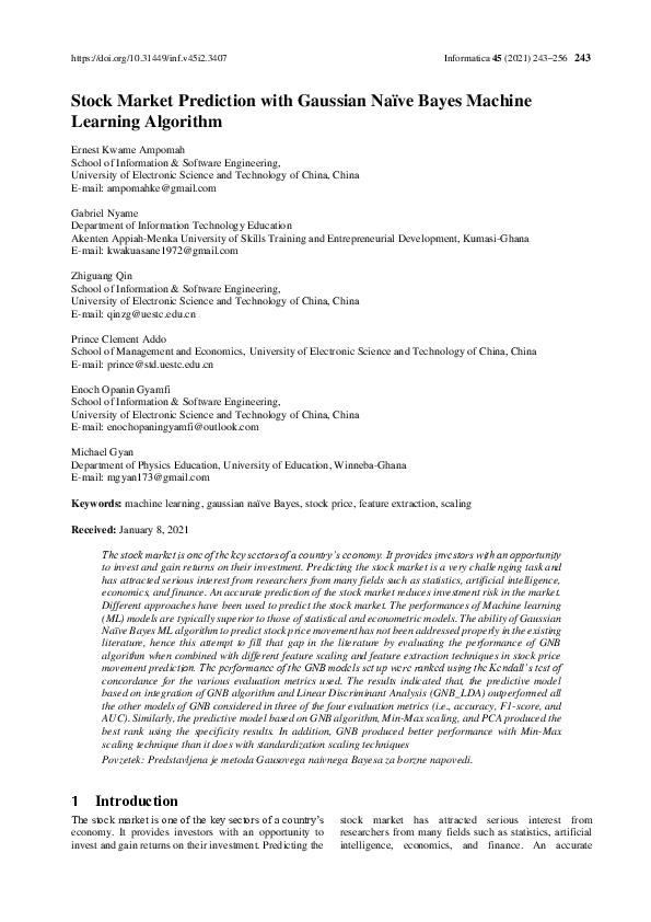 Pdf Stock Market Prediction With Gaussian Naïve Bayes Machine Learning Algorithm Ampomah
