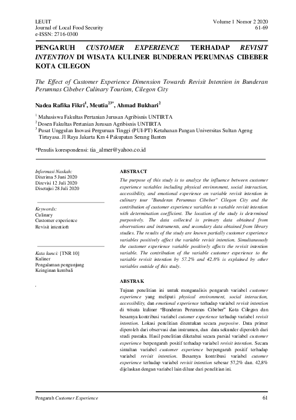 (PDF) PENGARUH CUSTOMER EXPERIENCE TERHADAP REVISIT INTENTION DI WISATA ...