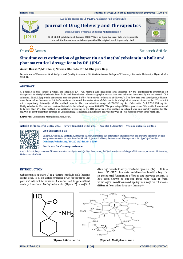 (PDF) Simultaneous estimation of gabapentin and methylcobalamin in bulk and pharmaceutical ...