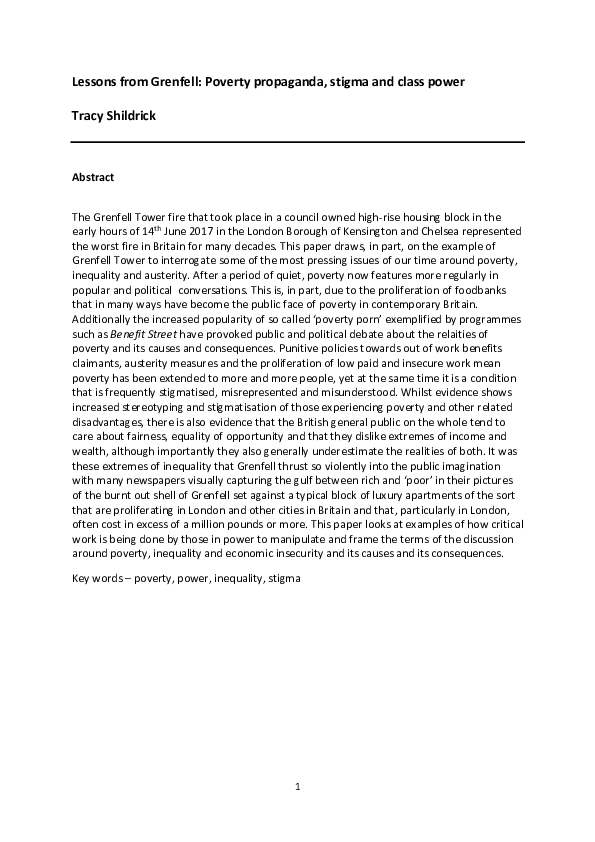 (PDF) Lessons from Grenfell: Poverty propaganda, stigma and class power