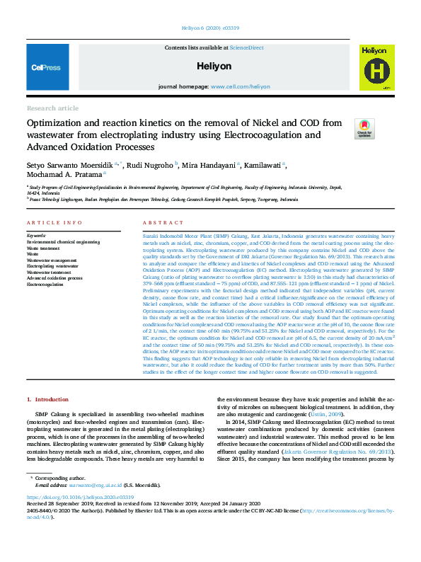 Optimization and reaction kinetics on the removal of Nickel and COD ...