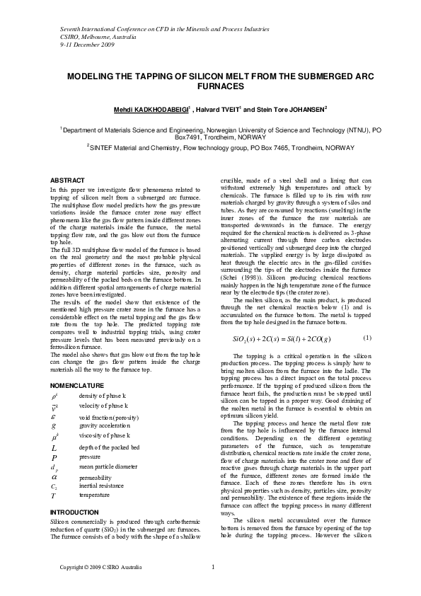 (PDF) Modeling the Tapping of Silicon Melt from the Submerged Arc Furnaces