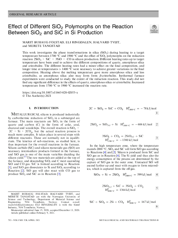 (PDF) Effect of Different SiO2 Polymorphs on the Reaction Between SiO2 and SiC in Si Production