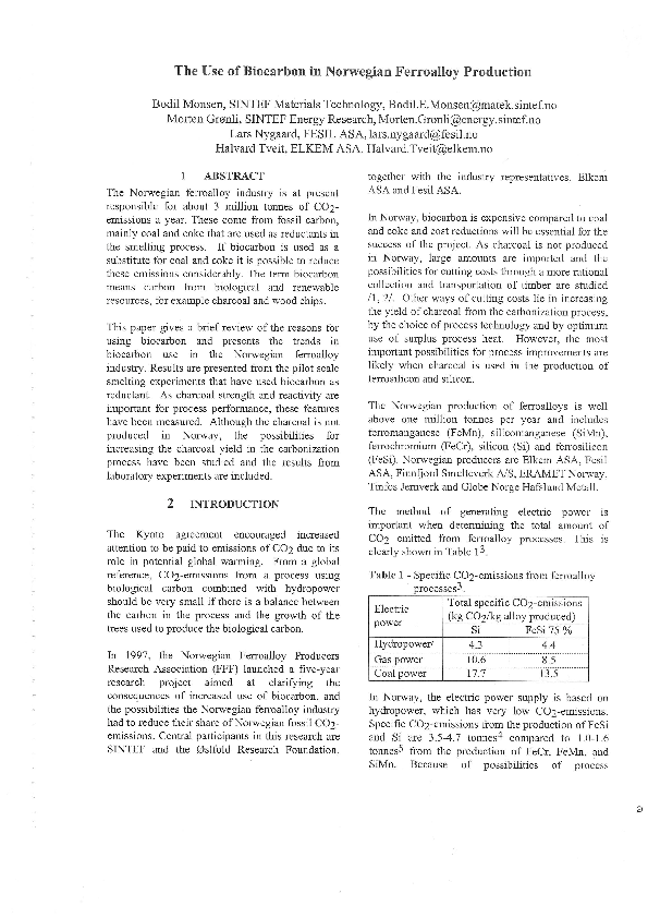 (PDF) The Use of Biocarbon in Norwegian Ferroalloy Production