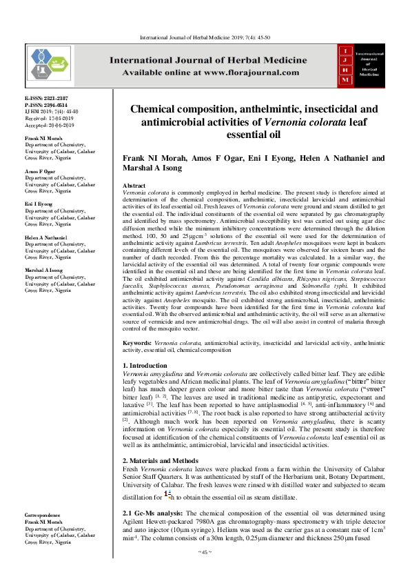 (PDF) Chemical composition, anthelmintic, insecticidal and ...