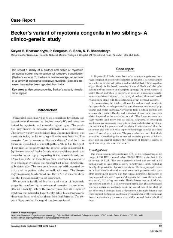 (PDF) Becker's variant of myotonia congenita in two siblings--a clinico ...