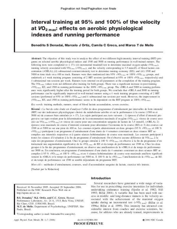 (PDF) Interval training at 95% and 100% of the velocity at VO2 max: effects on aerobic ...