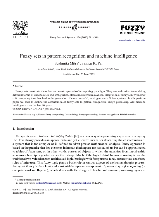 Pdf Fuzzy Sets In Pattern Recognition And Machine Intelligence
