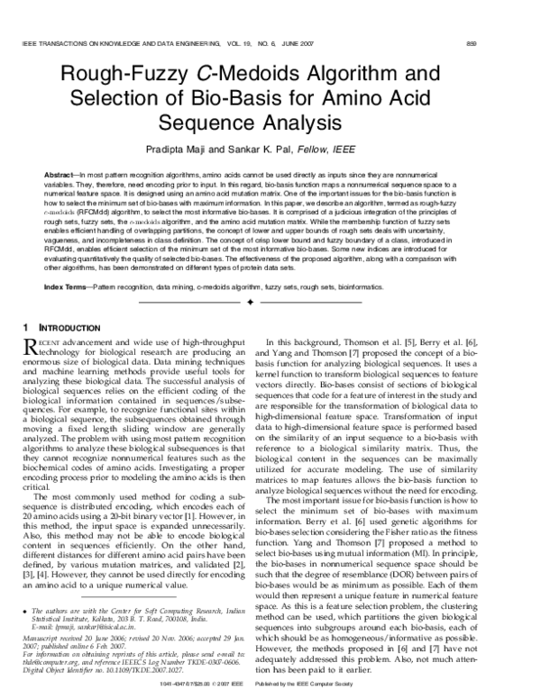 Pdf Rough Fuzzy C Medoids Algorithm And Selection Of Bio Basis For Amino Acid Sequence Analysis
