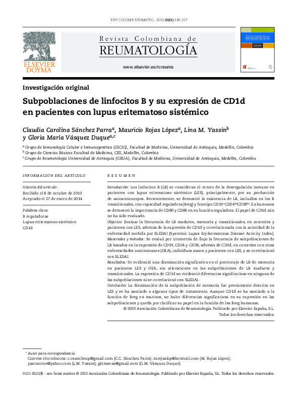 Pdf Subpoblaciones De Linfocitos B Y Su Expresión De Cd1d En Pacientes Con Lupus Eritematoso