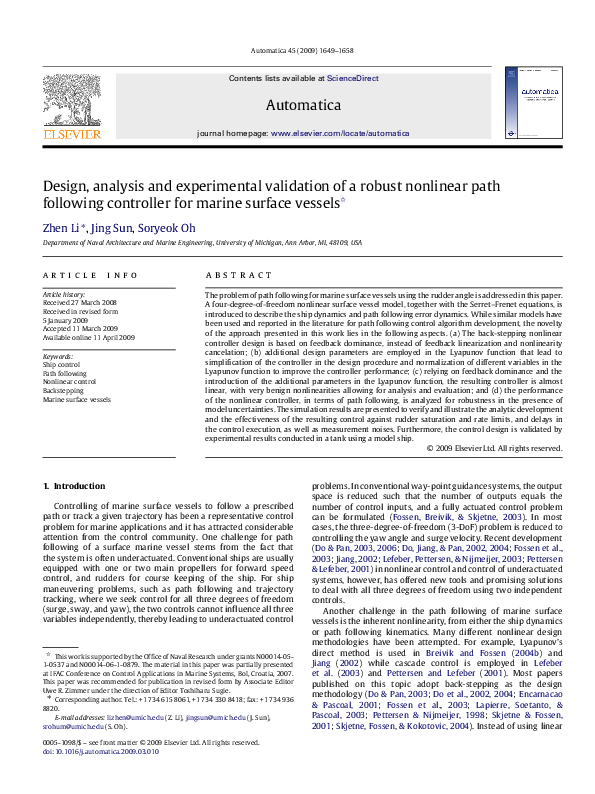 (PDF) Design, analysis and experimental validation of a robust nonlinear path following ...