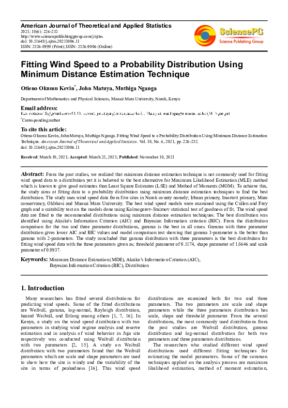(PDF) Fitting Wind Speed to a Probability Distribution Using Minimum ...