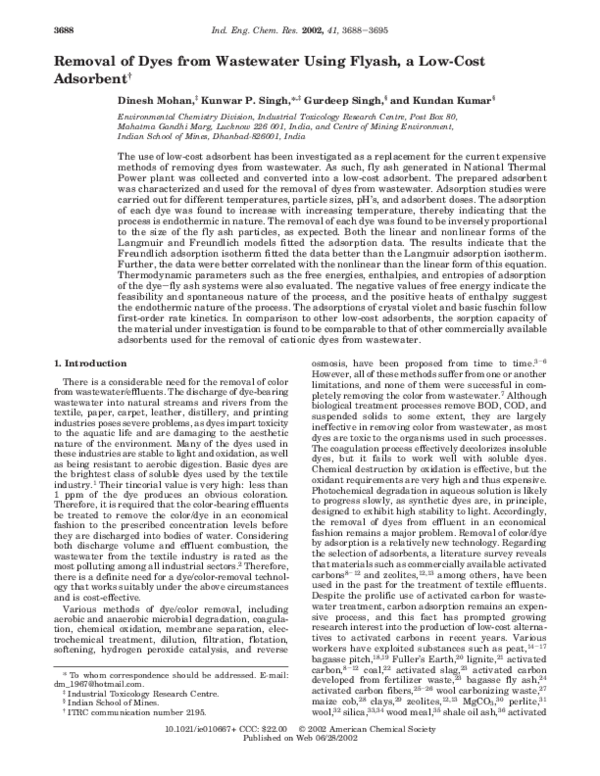 (PDF) Removal of Dyes from Wastewater Using Flyash, a Low-Cost Adsorbent