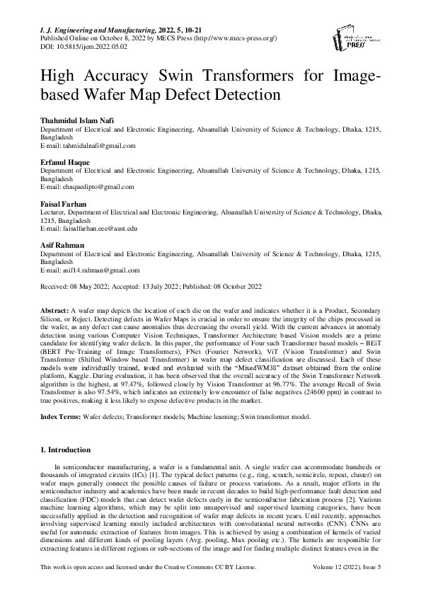 (PDF) High Accuracy Swin Transformers for Imagebased Wafer Map Defect ...
