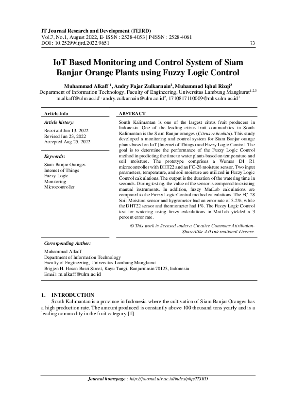 (PDF) IoT Based Monitoring and Control System of Siam Banjar Orange Plants using Fuzzy Logic Control