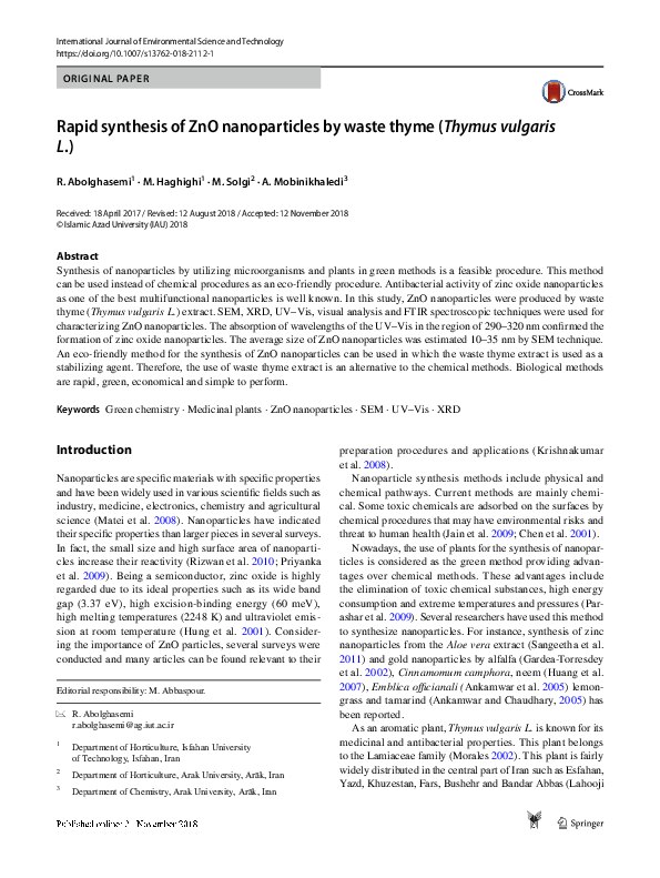 (PDF) Rapid synthesis of ZnO nanoparticles by waste thyme (Thymus vulgaris L.)