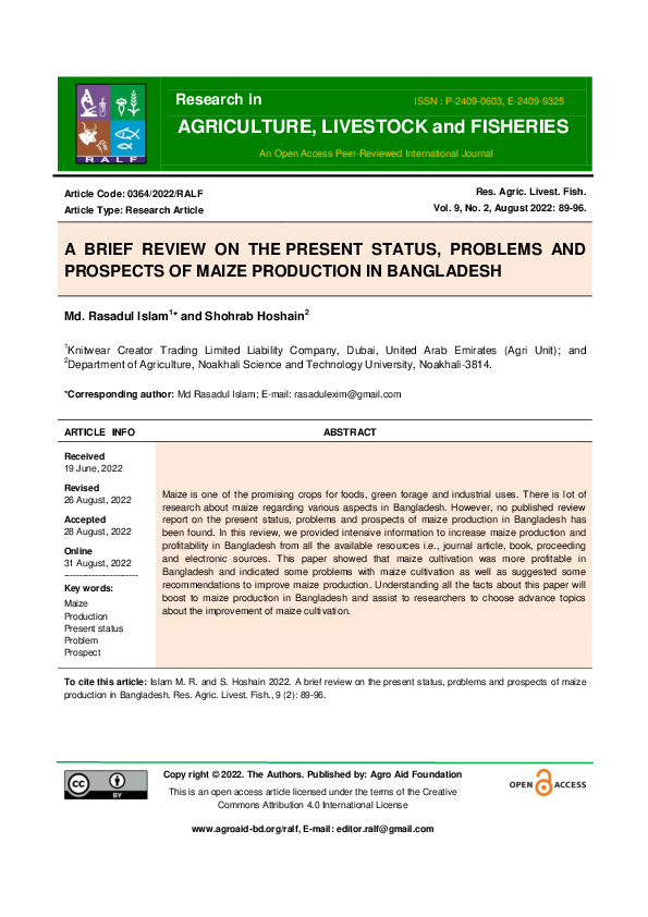 (PDF) A Brief Review on the Present Status, Problems And Prospects of Maize Production in Bangladesh
