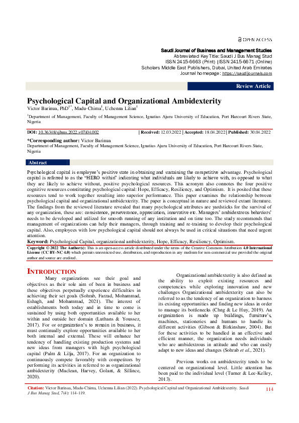 (PDF) Psychological Capital and Organizational Ambidexterity