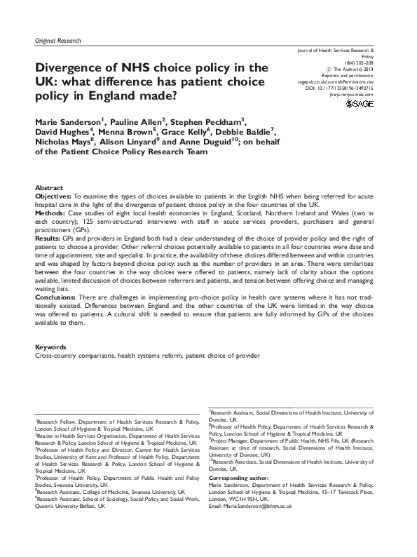 (PDF) Divergence of NHS choice policy in the UK: what difference has ...