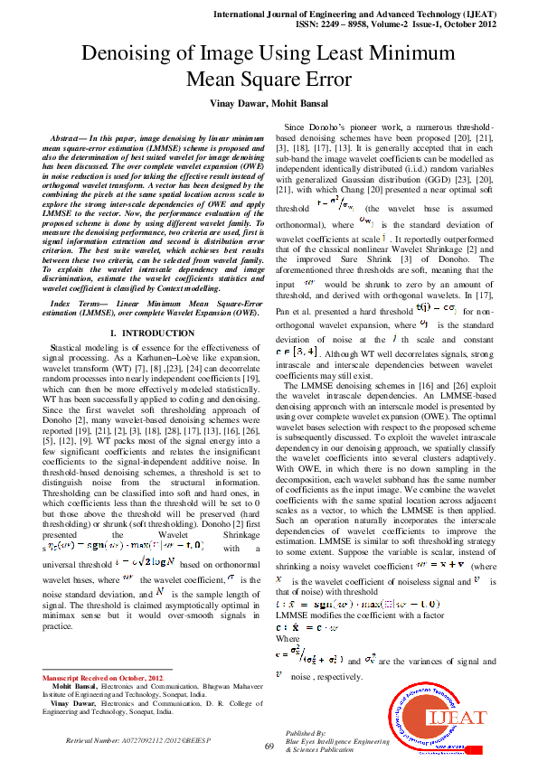 Pdf Image Denoising Using Lmmse And Wavelets