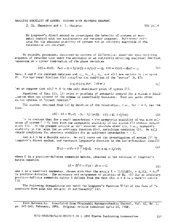 (PDF) Absolute stability of control systems with retarded argument