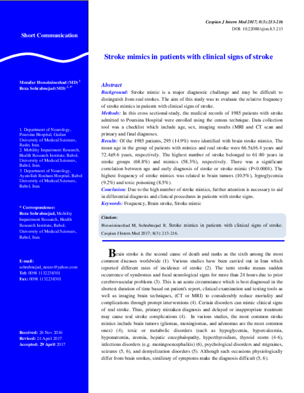 (PDF) Stroke mimics in patients with clinical signs of stroke