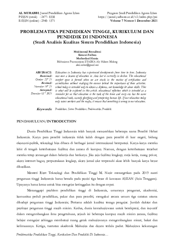 (PDF) Problematika Pendidikan Tinggi, Kurikulum Dan Pendidik DI Indonesia
