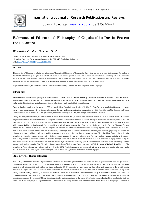 (PDF) Relevance of Educational Philosophy of Gopabandhu Das in Present ...