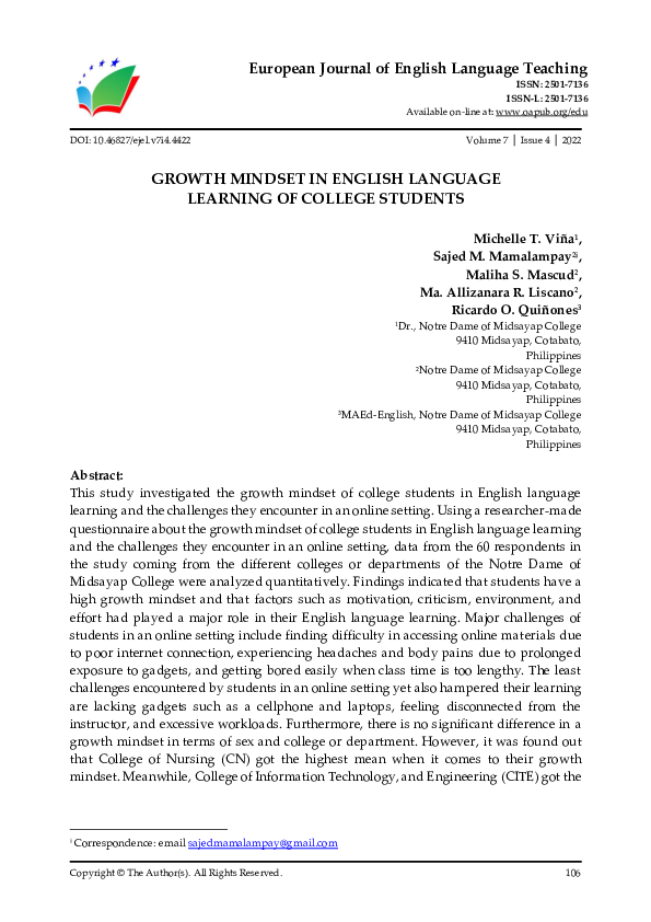 (PDF) Growth Mindset in English Language Learning of College Students