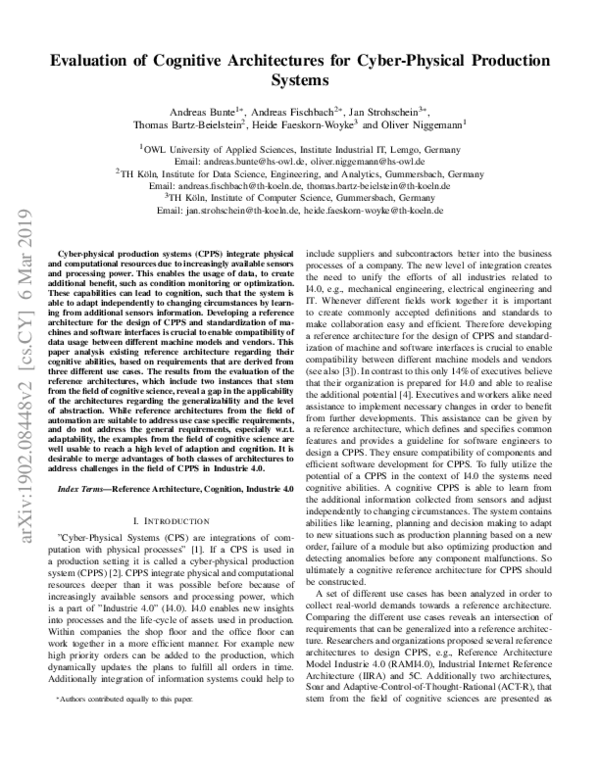 Pdf Evaluation Of Cognitive Architectures For Cyber Physical Production Systems