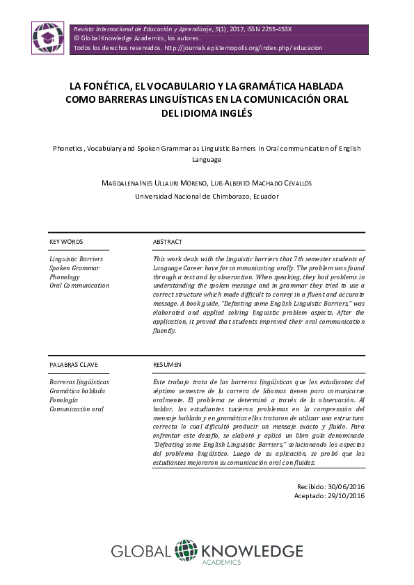 (PDF) La fonética, el vocabulario y la gramática hablada como barreras ...
