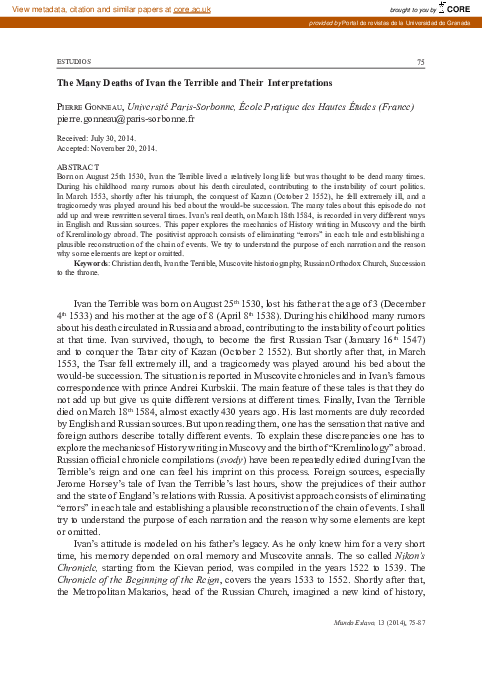 (PDF) The Many Deaths of Ivan the Terrible and Their Interpretations