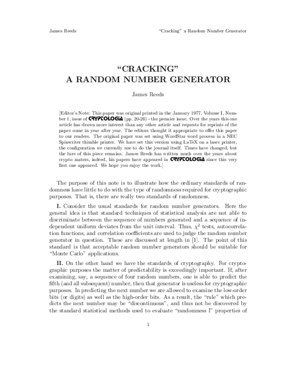 (PDF) “Cracking” a Random Number Generator