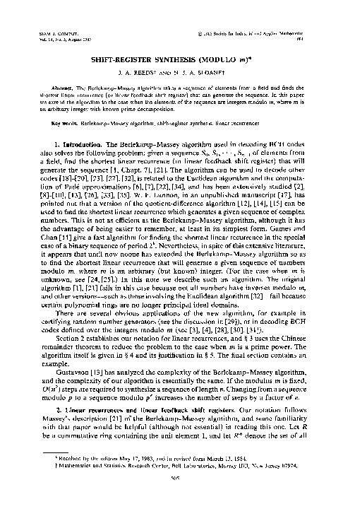 (PDF) Shift Register Synthesis (Modulo m) | Jim Reeds and Neil Sloane - Academia.edu