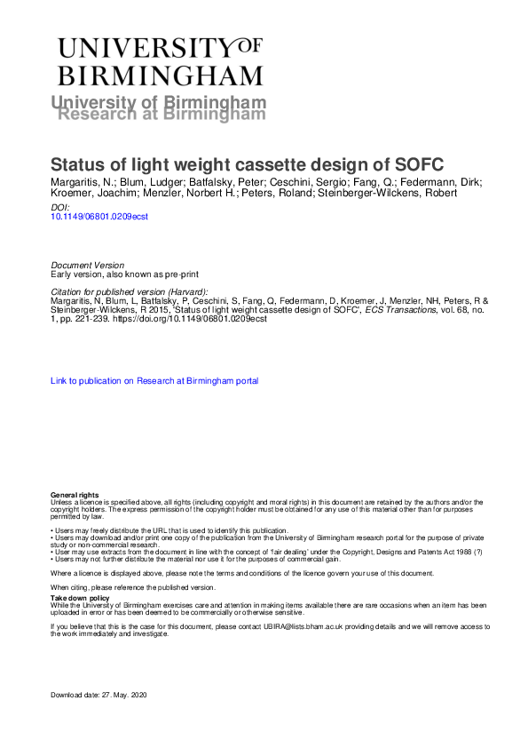 (PDF) Status of Light Weight Cassette Design of SOFC