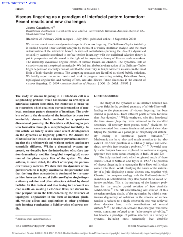 (PDF) Viscous fingering as a paradigm of interfacial pattern formation ...