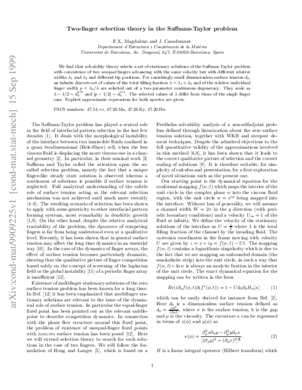 (PDF) Two-finger selection theory in the Saffman-Taylor problem | Jaume ...