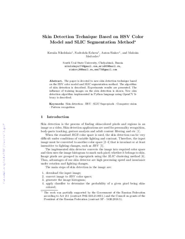 Pdf Skin Detection Technique Based On Hsv Color Model And Slic Segmentation Method