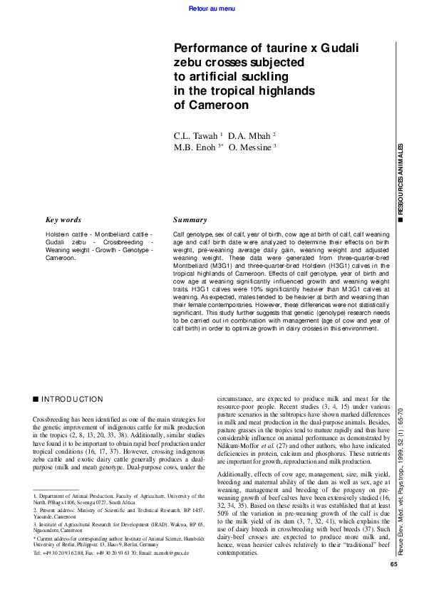 Performance of taurine x Gudali zebu crosses subjected to artificial ...