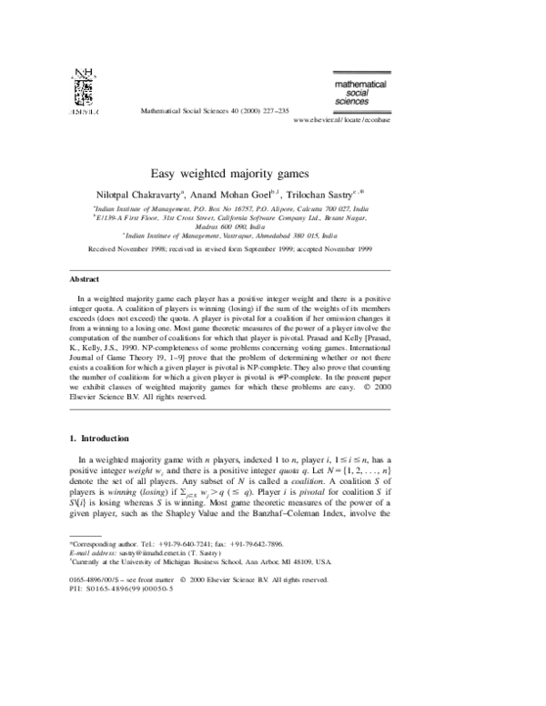 (PDF) Easy weighted majority games | Trilochan Sastry - Academia.edu